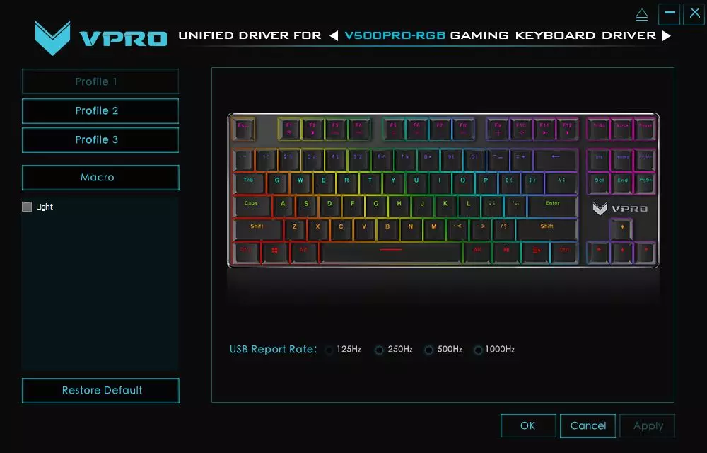 Rooo v500rgb alloy - የታመቀ የጨዋታ ሜካኒካል ቁልፍ ሰሌዳ ከ RGB- ብርሃን ጋር 2589_14